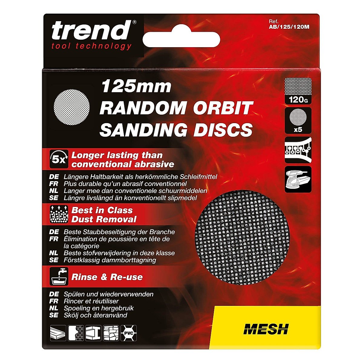 Trend Mesh 5 Inch Random Orbit 120 Grit Abrasive Sanding Disc, AB/125/120M, Pack of 5