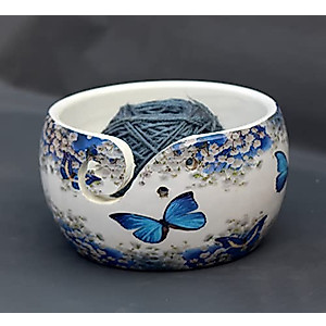 Handmade Wooden Yarn Bowl Crocheting Bowl Round Knitting Wool Storage Yarn Bowl Handmade with Holes with Crochet Hooks for Crocheting Knitting DIY Crafts Tools (Butterfly)