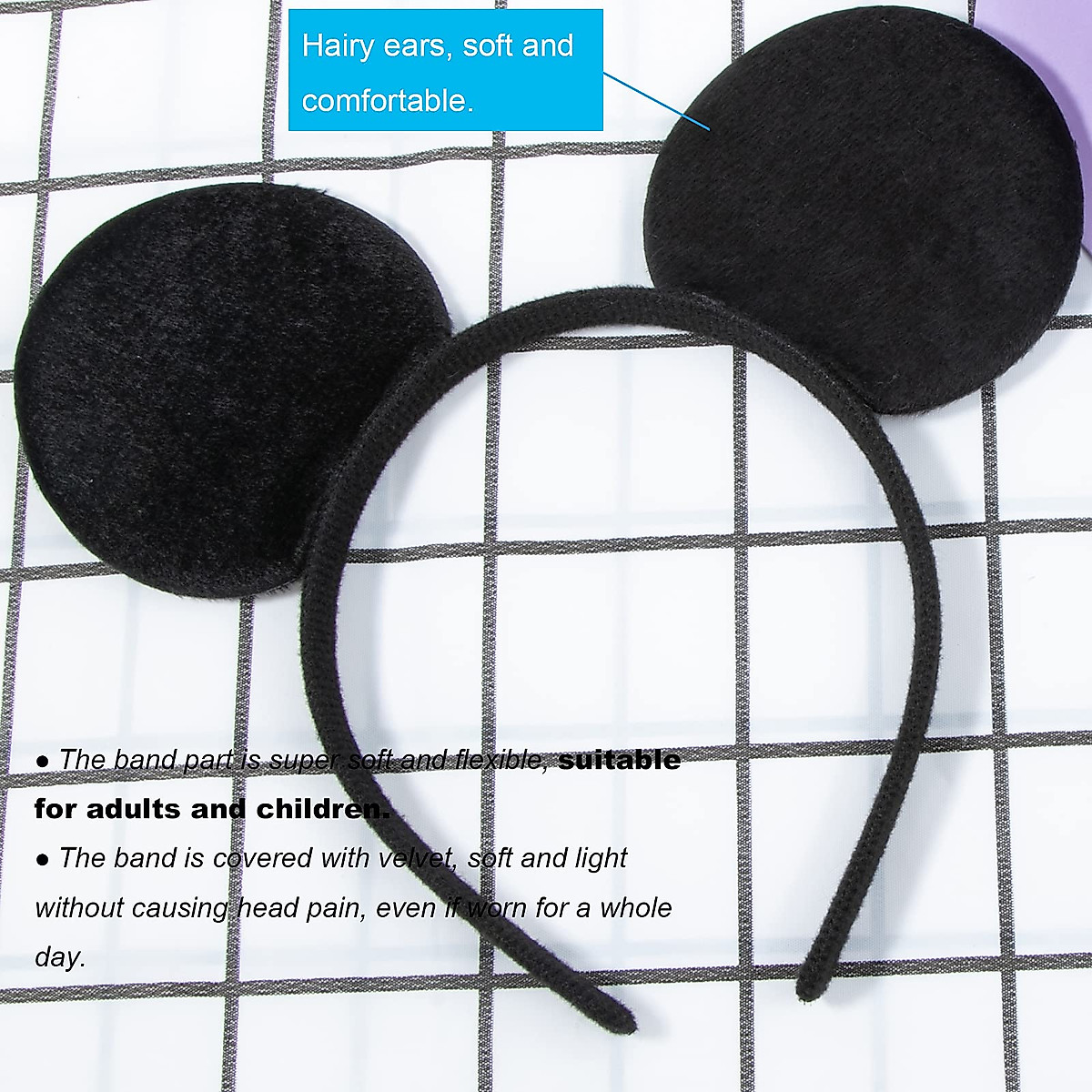 CHuangQi Mouse Ears Headband, Solid Black (Set of 12)