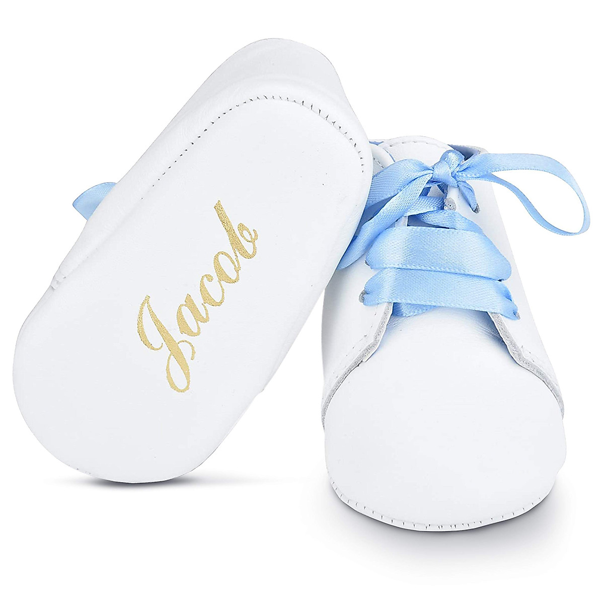 BabyShoe Personalized Baby Boy Christening Shoes – Baptism Leather Lace Up Shoes with Hand Embossed Name & Date – Special Occasion Newborn Church Shoes with Blue Ribbon - Great Idea