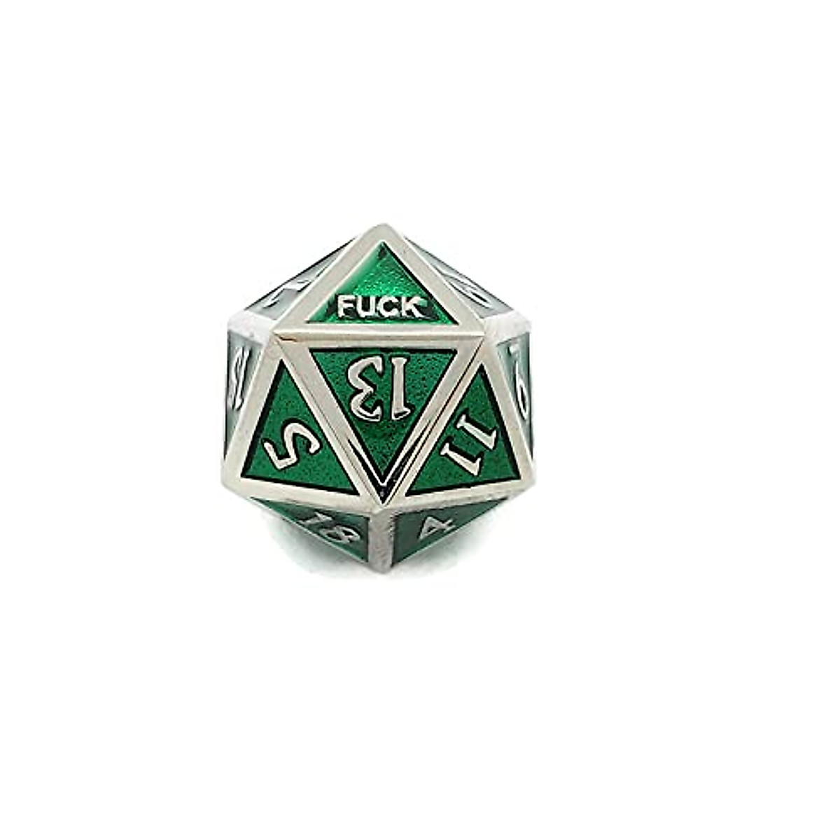 Green Metal D20 F*** Dice Critical Fail F 20 Sided Die Set DND Silver Chrome Color Number for Role Playing Game Dungeons and Dragons D&D Pathfinder Shadowrun and Math Teaching