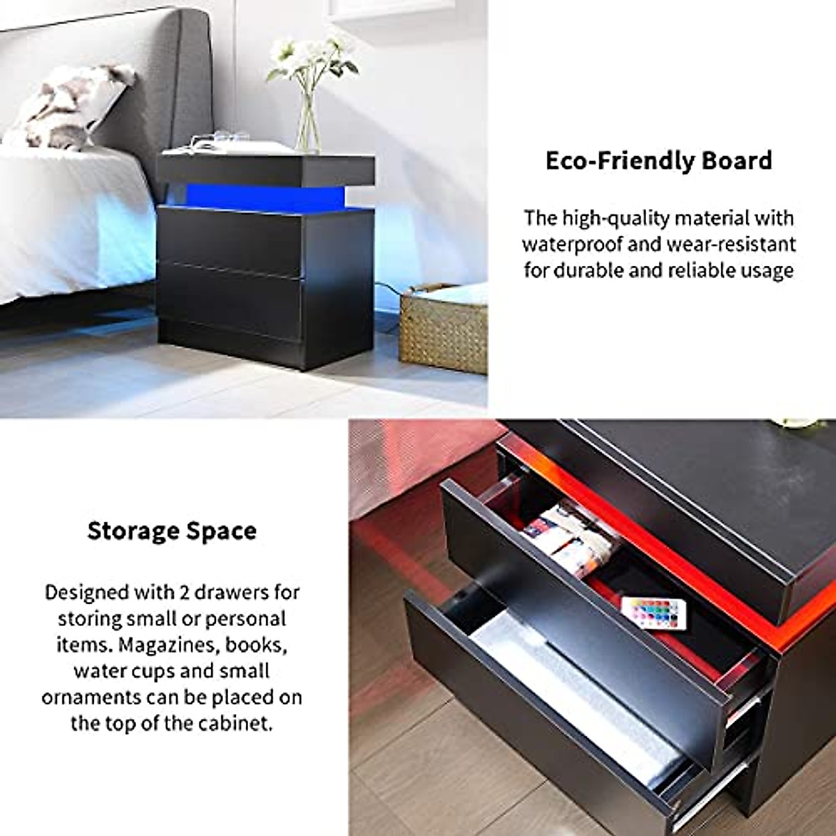 Melon Studio LED Nightstand with Drawers - Stylish Smart Bedside Table with 2 Drawers for Bedroom, Home - Mesa De Noche para Dormitorio - Wooden Nightstand Light RGB with Remote Control - Black