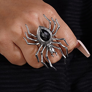 Jumwrit Spider Ring for Women Vintage Knuckle Ring Black Rhinestone Finger Ring Silver Extra Big Spider Ring Daily Festival Accessory for Girl