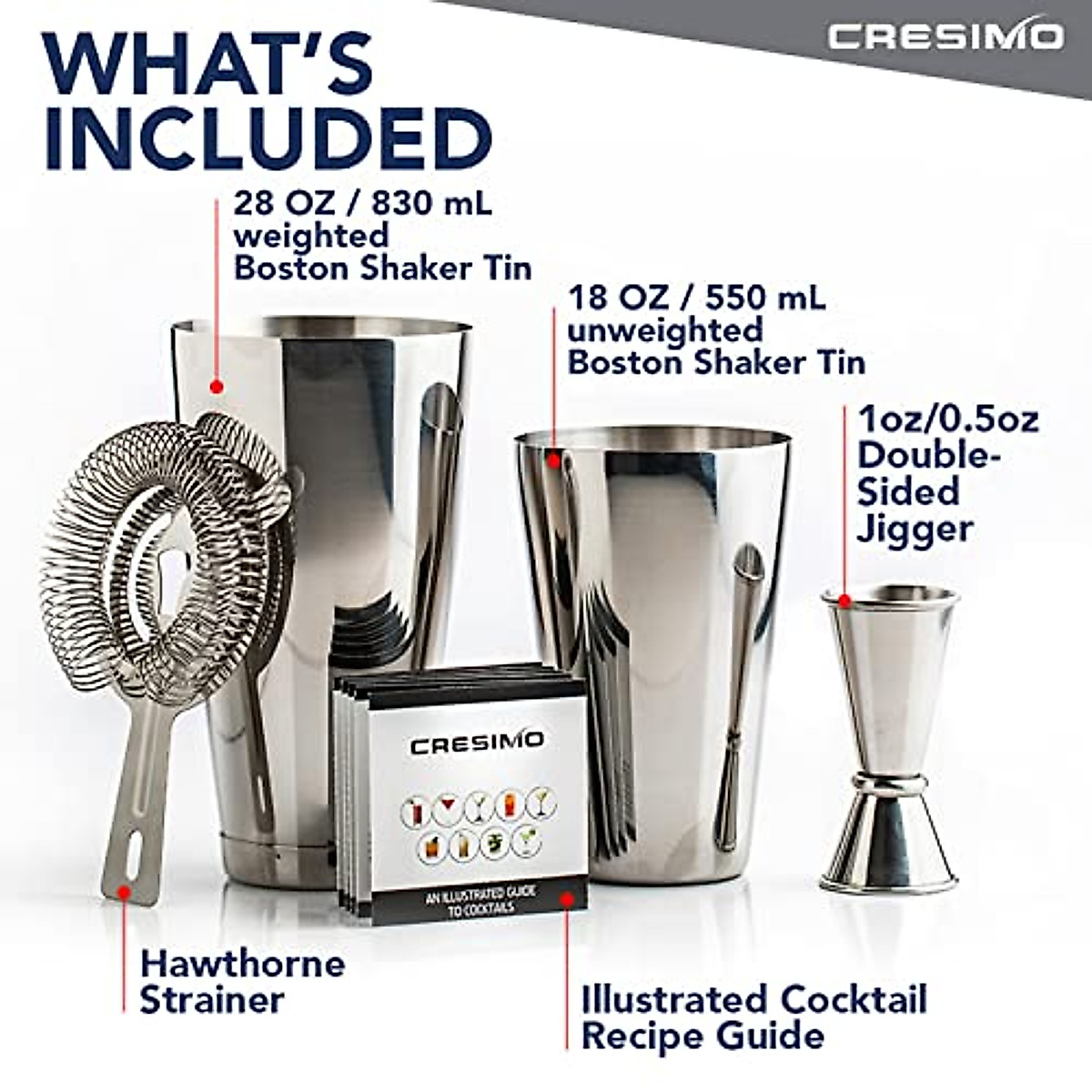 4pc Boston Cocktail Shaker Set - Bartender Kit with Martini Drink Shaker & Cocktail Set Bar Accessories: 28oz / 18oz Martini Shaker, Strainer, Jigger & Recipe Guide - Cocktail Mixer Bar Set - Cresimo