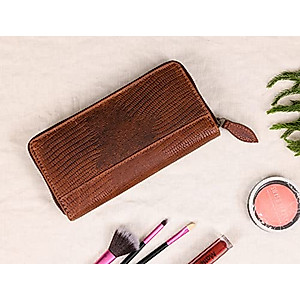 Aaron Leather Goods Women's RFID Blocking Large Capacity Leather Wallet Zip Around Phone Clutch Large Travel Purse Wristlet (Walnut)