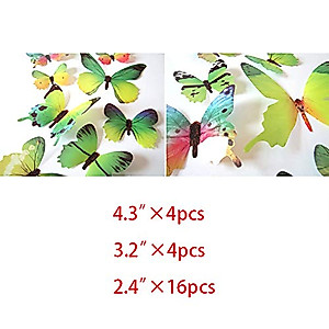 JYPHM 24PCS 3D Butterfly Wall Decal Removable Stickers Decor for Kids Room Decoration Home and Bedroom Art Mural Green