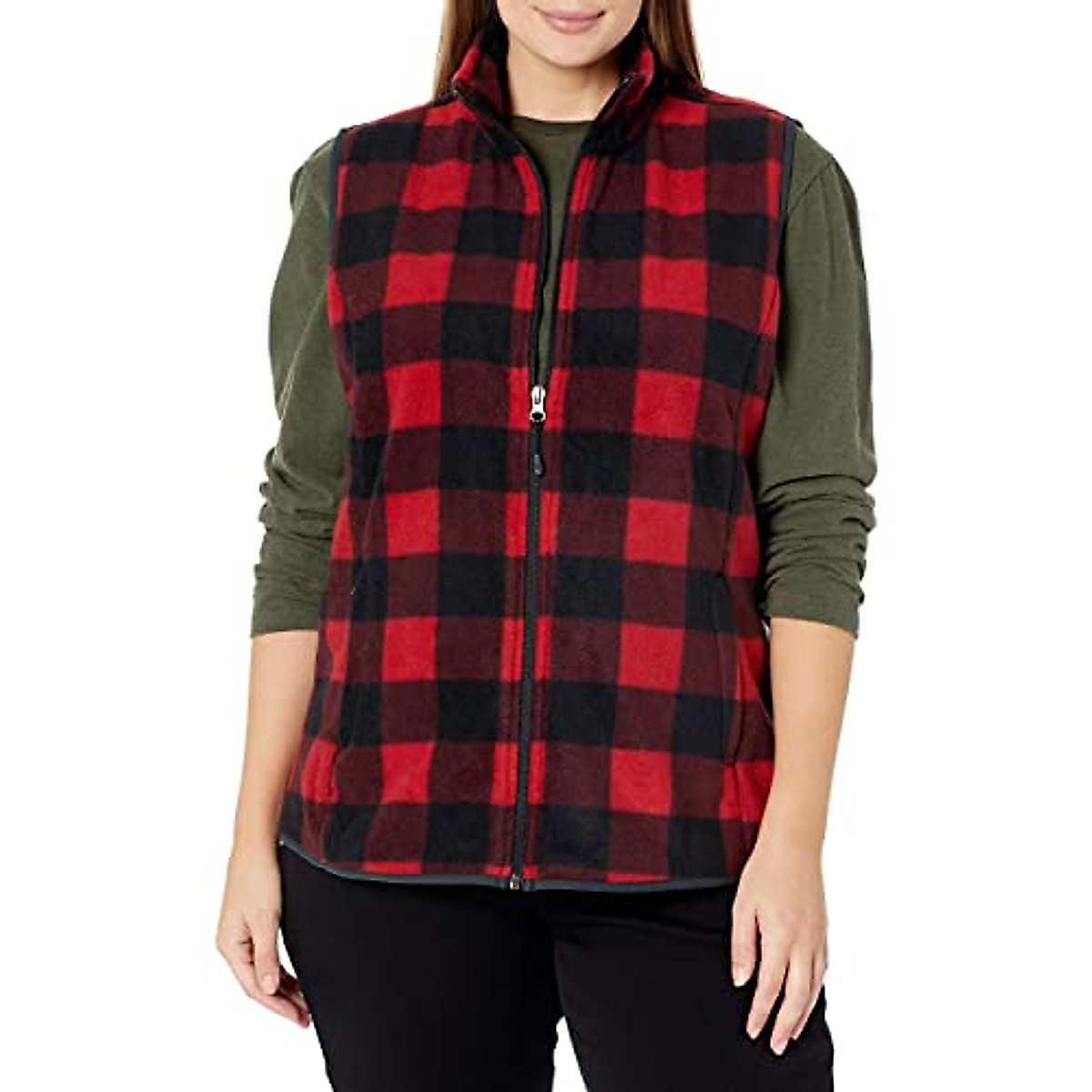 Amazon Essentials Women's Classic-Fit Sleeveless Polar Soft Fleece Vest (Available in Plus Size), Black Red Buffalo Plaid, X-Large