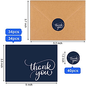 Joyberg 34 PCS Thank You Cards With Envelopes, Blank Navy Baby Shower Thank You Cards, Brown Paper Envelopes and Stickers Thank You Notes, Wedding Thank You Cards With Envelopes
