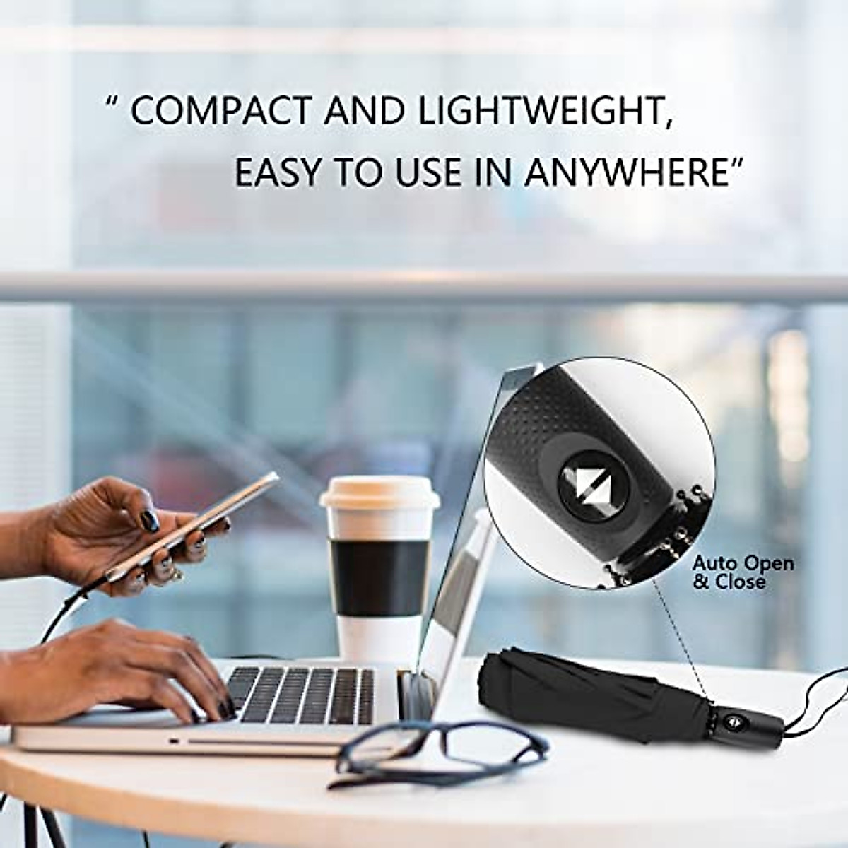 VIVIAN & TOMMY Travel Umbrella Windproof Auto Open Close Compact Folding Umbrella UV Protection Strong Steel Lightweight Portable for Women and Men (Black)