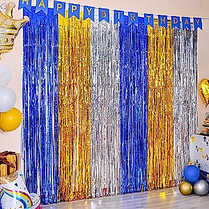 LOLStar 2 Pack Navy Blue Gold and Silver Party Decorations 3.3X6.6 ft Each Foil Fringe Tinsel Curtains Backdrop, Streamers - Perfect for Birthdays, Showers, Retirement， Graduations, Weddings