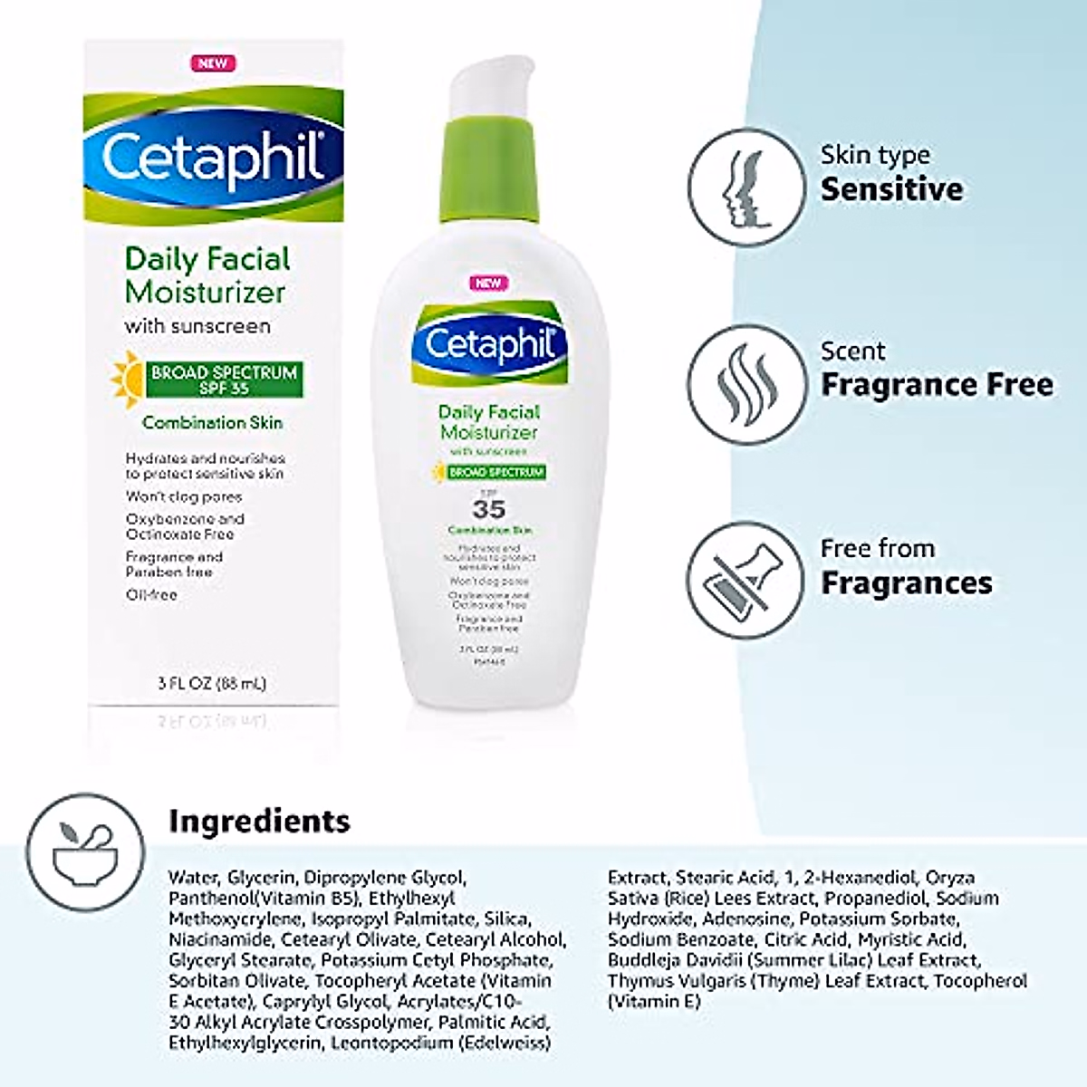 Cetaphil Face Moisturizer, Daily Oil Free Facial Moisturizer with SPF 35, For Dry or Oily Combination Sensitive Skin, Fragrance Free Face Lotion