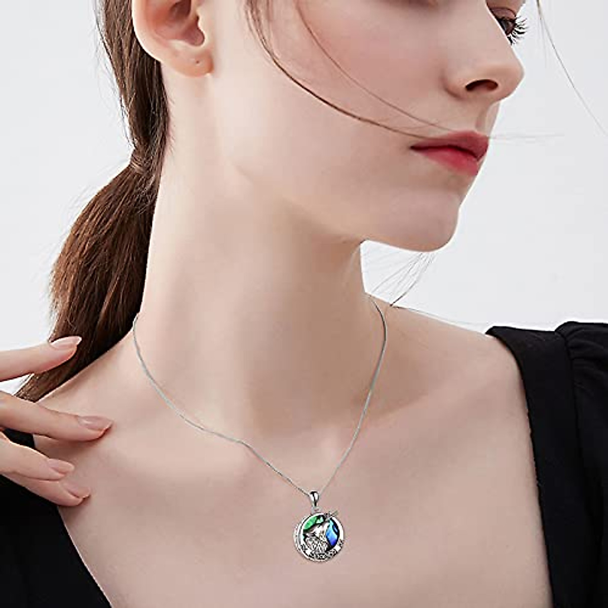 ONEFINITY Wolf Urn Necklaces for Ashes Sterling Silver Abalone Shell Wolf Cremation Jewelry with Dragonfly Urn Keepsake Memorial Urn Jewelry for Women Men