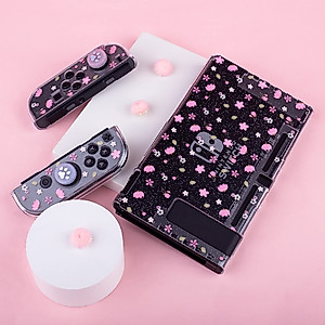 RHOTALL Cute Case Compatible with Nintendo Switch, Kawaii Accessories for Switch, Glitter Crystal Clear Cover for Switch and Joy Con Controller with 2 Glitter Thumb Grips - Cherry Blossoms