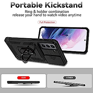 for Samsung Galaxy S21 Case with Camera Lens Cover HD Screen Protector, Dual Layer Military-Grade Drop Tested Magnetic Ring Holder Kickstand Protective Phone Case for Samsung Galaxy S21 5G (Black)