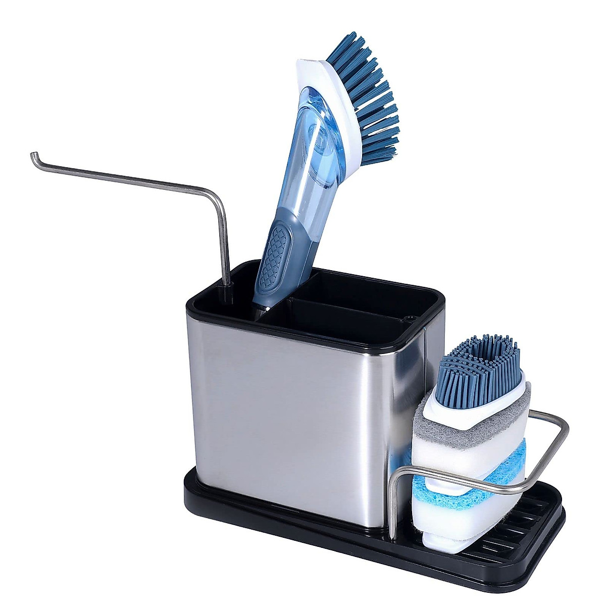 Simpl Home Kitchen Sink Organizer Set - Stainless Steel Sponge Holder Includes Soap Dispenser, Dish Scrubber with 4 Brush Heads Rust-Proof Storage Caddy Hooks Organization Accessories, Black