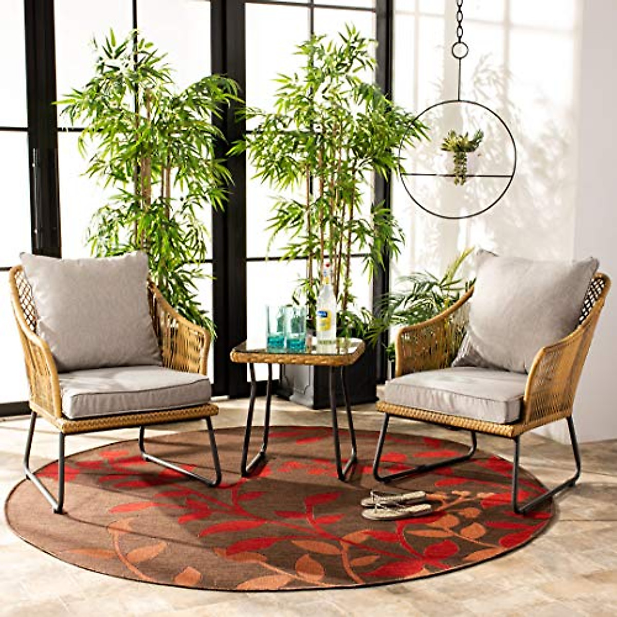 SAFAVIEH Outdoor Collection Jensen Natural Brown Rattan/Grey Seat Cushion 3-Piece Patio Lounge Bistro Set with Table (PAT9008A)