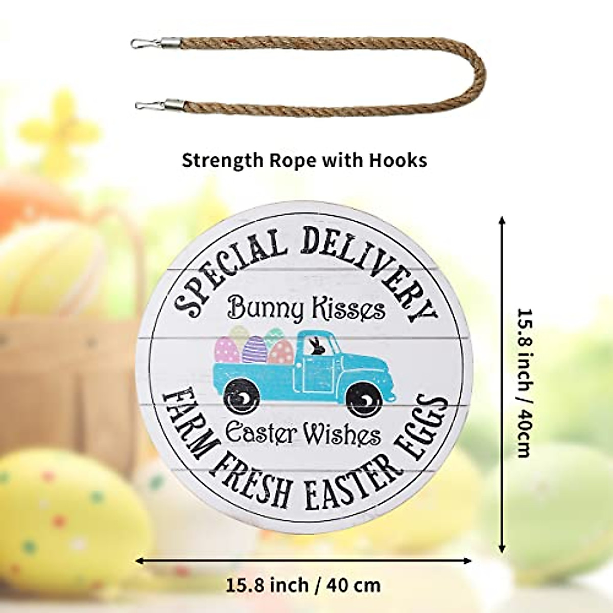 CYPREWOOD Easter Decoration Sign for the Home, 16" Large Farmhouse Wooden Easter Decor, Easter Signs for Door Hanger, Yard (Little Blue Truck Easter)