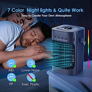TAKSHO Portable Air Conditioner 3 Cold Wind Speeds-3 Mist Levels, 7 Color-Changing LED Lights - 10W & 32 oz Water Tank, USB-Powered Evaporative Air Cooler Unit with 2-8 Hour Timer, Portable air cooler
