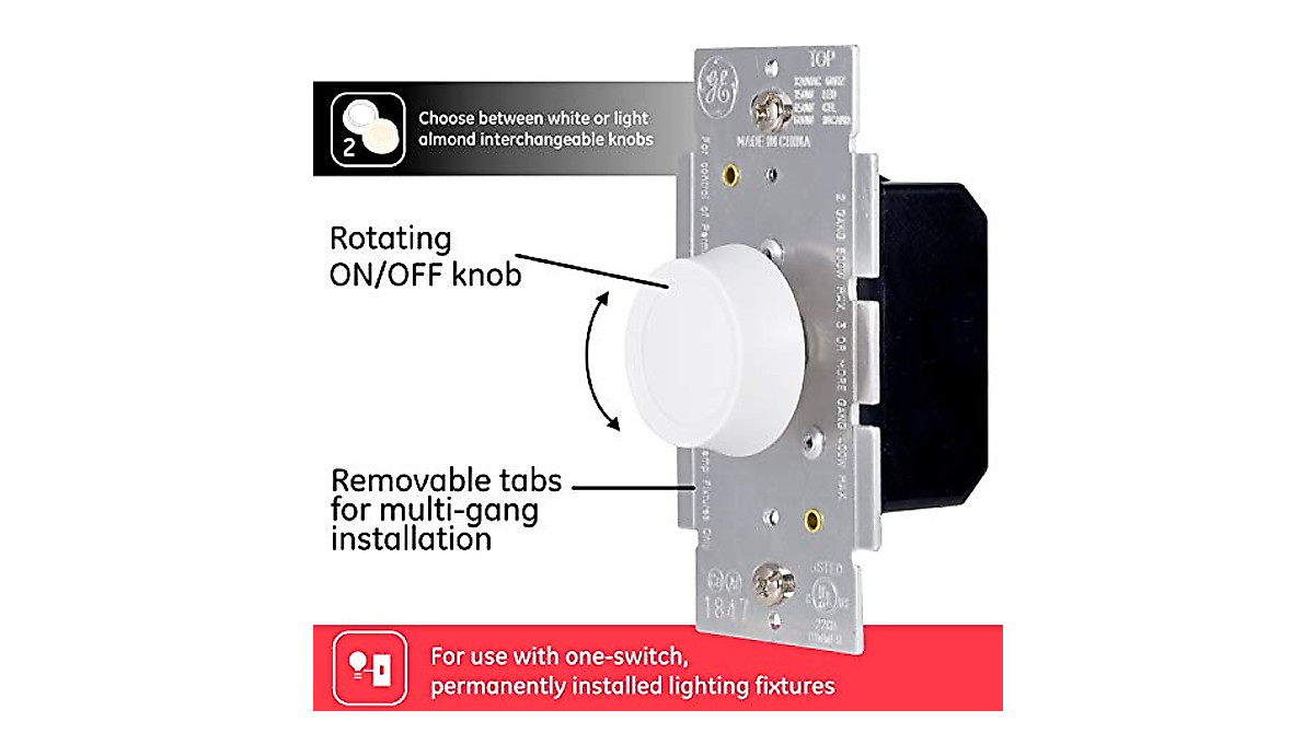 GE Rotating Dimmer Switch for LED, CFL, Incandescent - White/Light Almond