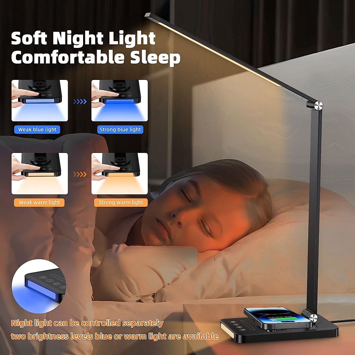 GTIMLMC Desk Lamp with Wireless Charger, LED Table Lamps for Home Office, USB Charging Port, Blue and Warm Bedside Night Light, Touch Dimmable, Eye-Caring, Timer, with Adapter, Black