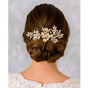 SWEETV Handmade Wedding Hair Comb Clip Rhinestone Bridal Hair Comb Piece, Gold Hair Accessories for Brides Wedding