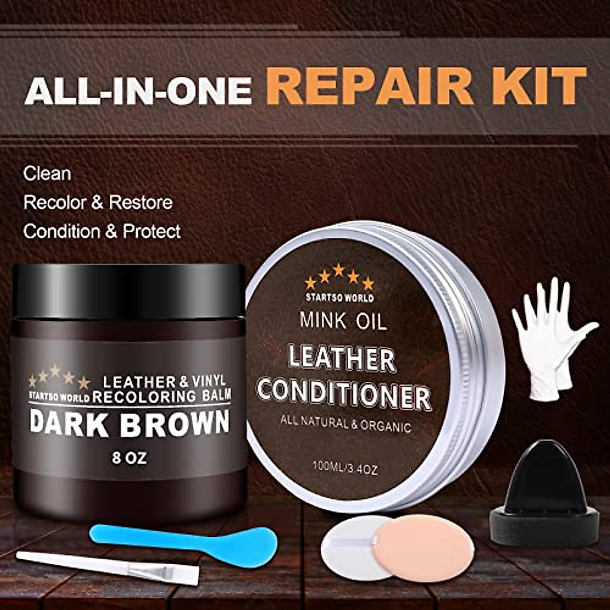STARTSO WORLD Leather Recoloring Balm with Mink Oil Leather Conditioner, Leather Repair Kit for Couches, Dark Brown Leather Dye for Furniture, Car Seat, Sofa, Shoes, Vinyl