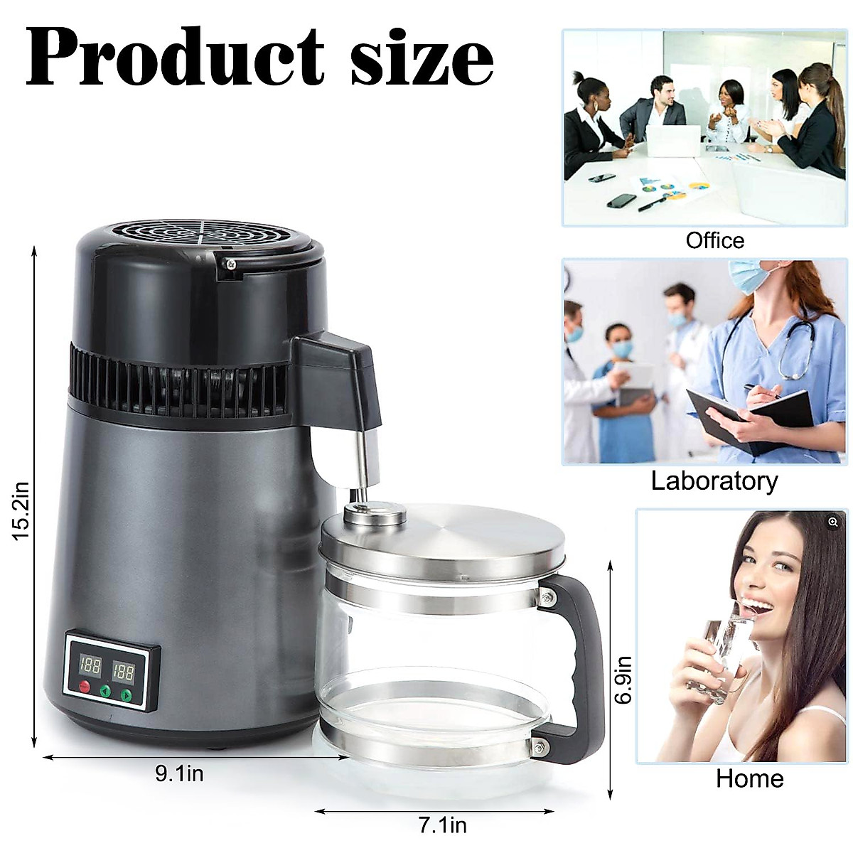 Water Distiller w/ Glass Container;750W,1.1Gal/4L Capacity;Distill Water up to 0.26Gal/1L per Hour and About 6Gal/23L per Day(Dual Temperature Display / Gray)