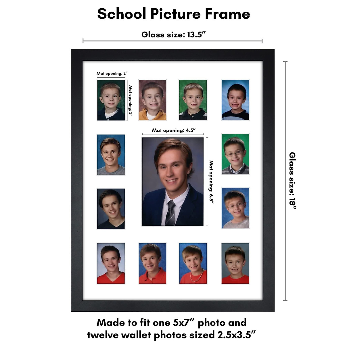 Americanflat 13.5x18 School Picture Frame Pre-K to 12 - Fits Twelve 2.5x3.5 Photos and One 5x7 Picture or Use as One 13.5x18 Frame - Signature Collection - K-12 Picture Frame for Wall Display - Black
