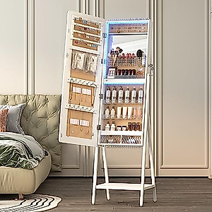 LVSOMT LED Jewelry Mirror Cabinet Armoire, Free Standing Full-Length Mirror with Jewelry Storage, Lockable Jewelry Storage Organizer, w/ 2 Drawers, Bottom Shelf, Built-in Lighted Makeup Mirror, White