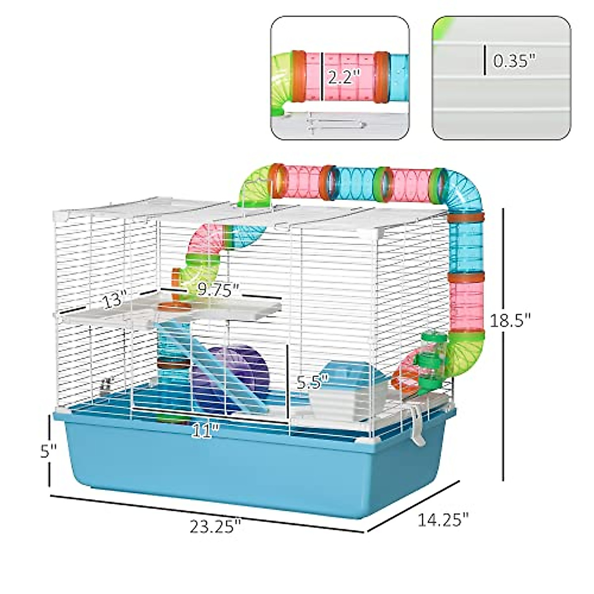 PawHut 3-Tier Large Hamster Cage with Tubes and Tunnels, Portable Carry Handles, Toy-Filled Steel Small Animal House, Includes Exercise Wheel, Water Bottle, Food Dish, 23" x 14" x 18.5", Light Blue