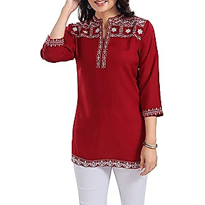IshDeena Indian Kurtis for Women Indian Style Printed Embroidered Tunics Womens Tops Kurta (Extra Large, Red - 0622S1ID2)