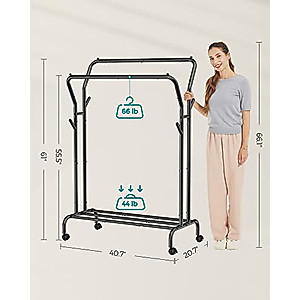 SONGMICS Clothes Rack, Double-Rod Clothing Rack with Wheels, Heavy-Duty Metal Frame, Garment Rack, 220 lb Max. Total Load, 40.7 Inches Wide, Clothes Storage and Display, Black UHSR107B01