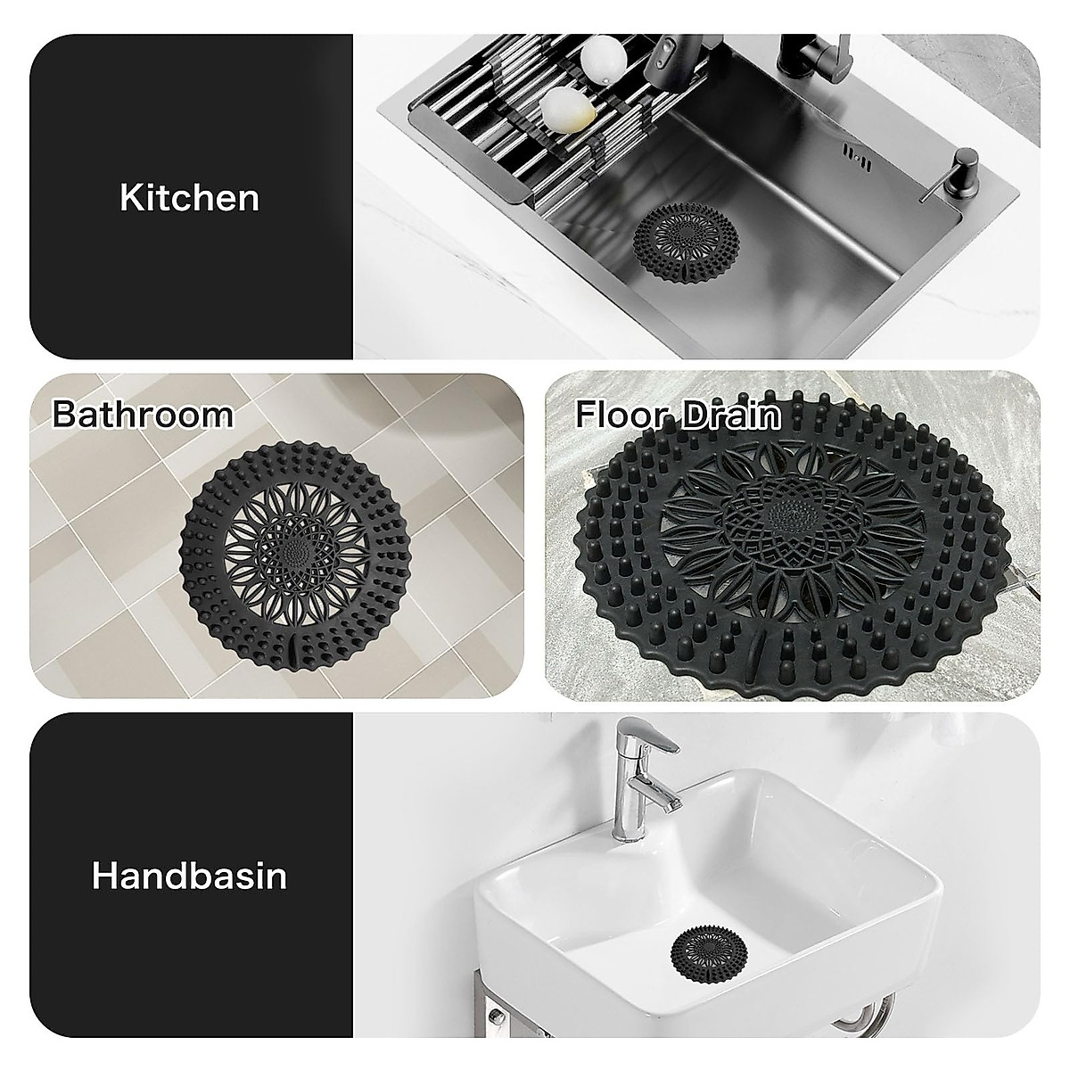 Shower Drain Cover Hair Catcher Shower Drain Hair Catcher, Silicone Hair Stopper for Bathtub Drain Bathroom Kitchen Sink, 4 Pack (Black)