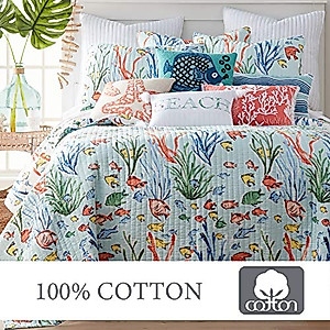 Levtex Home - Sancti Petri Quilt Set -Twin/Twin XL Quilt + One Standard Pillow Sham - Coastal - Yellow Blue Green Coral - Quilt Size (68x86in.) and Pillow Sham Size (26x20in.) - Reversible - Cotton
