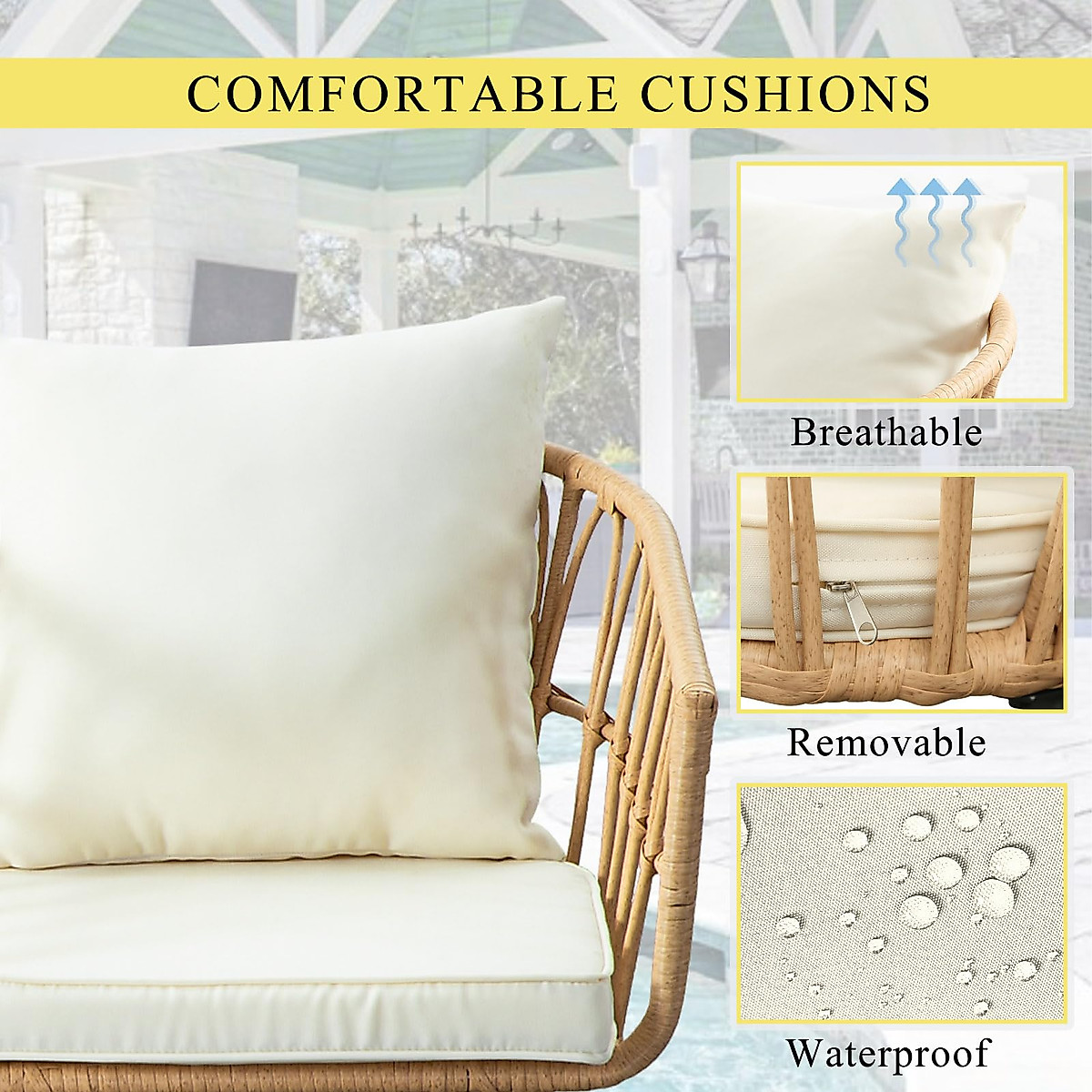 HYDRAGARDEN 3 Piece Patio Bistro Set, Outdoor Wicker Conversation Chair Sets Balcony Furniture with Coffee Table & Cushions, All-Weather Rattan Table and Chairs Set for Porch Backyard Deck Poolside