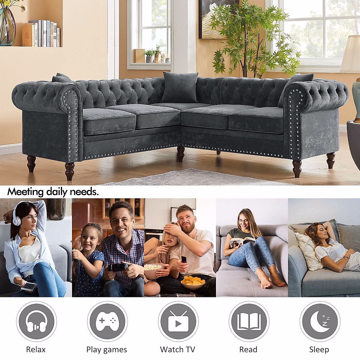 SZUBEE 80" Deep Button Tufted Upholstered L-Shaped Sofa-Luxury Classic Chesterfield Style-Includes 3 Pillows-Perfect for Living Room, Large Spaces,Grey Velvet