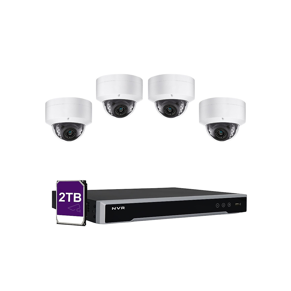 LINOVISION PoE Security Camera System with 8ch 4K POE NVR, (4) 4K Outdoor PoE Dome Cameras with Mic for One Way Audio, Hik Connect or Guarding Vision APP, 2TB HDD, for Business and Home Security