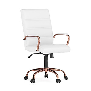 EMMA + OLIVER Mid-Back White LeatherSoft Executive Swivel Office Chair - Rose Gold Frame/Arms