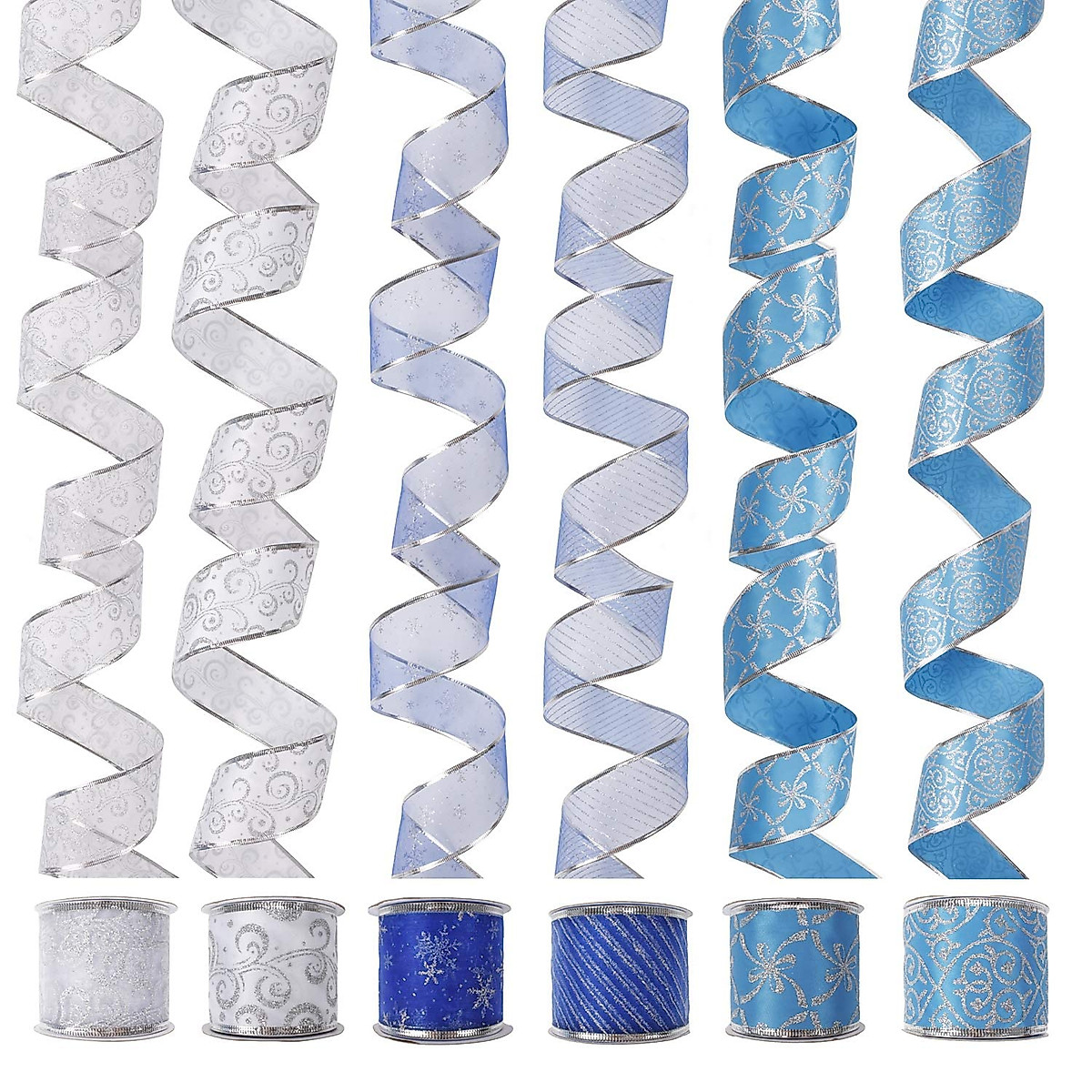 LaRibbons Wired Christmas Holiday Ribbon - 6 Rolls Swirl Sheer Glitter Ribbon - 2.5 inch x 5 Yard Each Roll - Blue/Silver