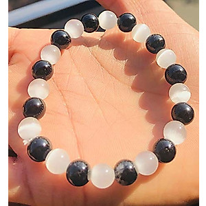 crystalmiracle Selenite Black Tourmaline Beaded 7 Mm Round String Crystal Gemstone Fashion Gift Wellness Positive Energy Handcrafted Accessory