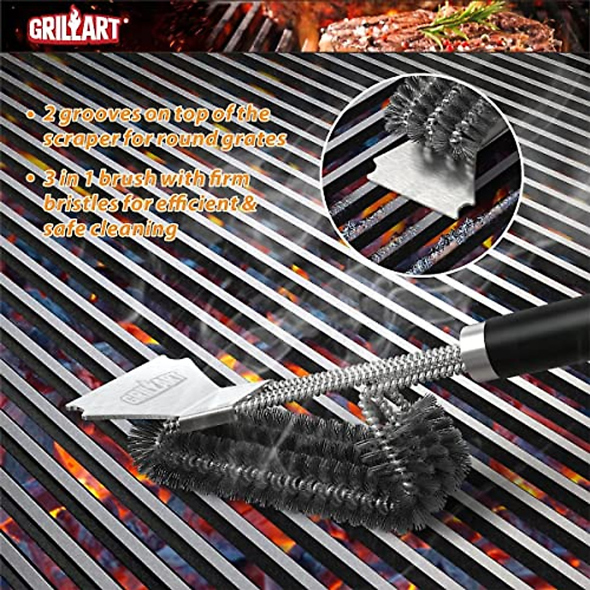 GRILLART Grill Brush and Scraper with Deluxe Handle, Safe Wire Grill Brush BBQ Cleaning Brush Grill Grate Cleaner for Gas Infrared Charcoal Porcelain Grills, BR-8529