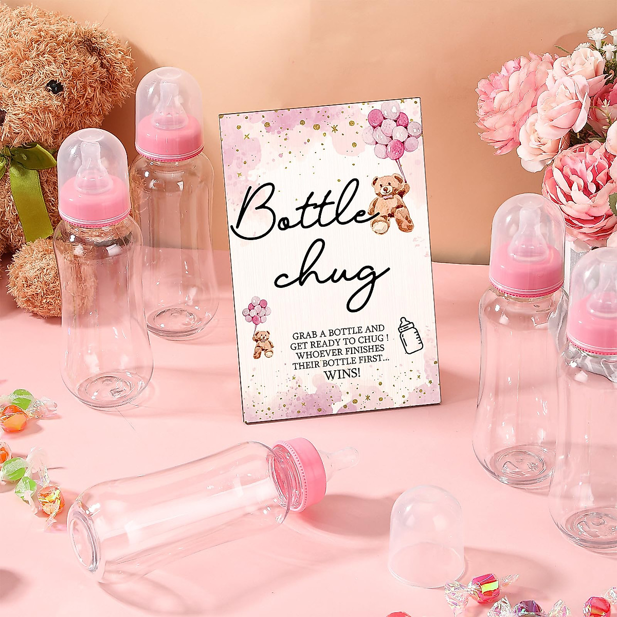 Roowest Baby Bottles for Baby Shower Games Bottle Chug 12 Pcs Plastic Baby Bottles Bulk and Bottle Chug Sign Baby Bottle Chugging Games for Party Gender Reveal Wedding Bridal Shower(Lovely Bear)
