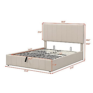 Upholstered Platform Bed with Gas Lift up Storage, Full Size Bed Frame with Storage Underneath and Tufted Headboard, Wooden Platform Bed with Hydraulic Storage System (New, Beige )