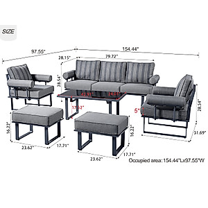 ovios Patio Furniture Set 6 Pieces Outdoor Aluminum Sofa Couch with Coffee Table Ottomans Cushions High Back Sofa All Weather Conversation Set, Black-Grey Stripe