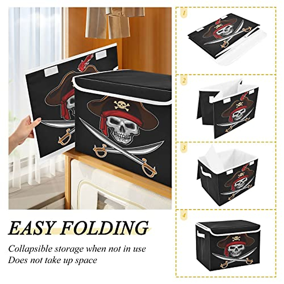 innewgogo Pirates Skull Storage Bins with Lids for Organizing Closet Organizers with Handles Oxford Cloth Storage Cube Box for Car