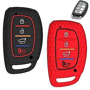 A.M.E. 2PCS Key Fob Cover for Hyundai Tucson Elantra Sonata Smart 4Button Remote , (Push Button) Case Skin Protector (RED & Black)
