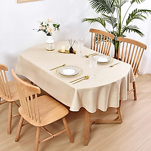 Wolkemer Faux Linen Oval Tablecloth Heavy Duty Wrinkle Resistant Fabric Table Cloths 60 x 84 Inch Beige Farmhouse Rustic Table Cover for Kitchen Dining Indoor Outdoor Tabletop Decoration