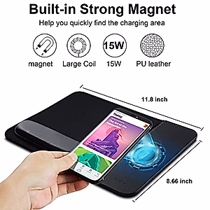 15W Wireless Charging Mouse Pad with Wrist Support, Fast Qi Wireless Charger Mouse Mat for iPhone 14/13/12/12 Pro/11/11Pro/XR/Xs/X/8, Samsung Galaxy S10/S9/S8 Plus Note 9/8 Multiple Devices