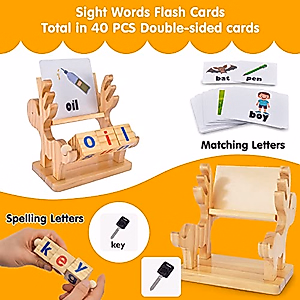 Montessori Toys for 3 4 5 Years Old Wooden Reading Blocks CVC Sight Words Game for Toddlers Letter Flash Cards for Kindergarten Kids Learning Educational Alphabet Phonics for Preschool Girls Boys