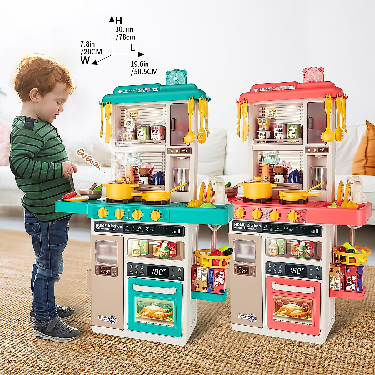 deAO Play Kitchen Set for Kids Boys,50PCS Play Kitchen Accessories w/Real Sounds Light Spray,31Inch Pretend Play Kids Kitchen Toy,Birthady Christams Gifts, Green